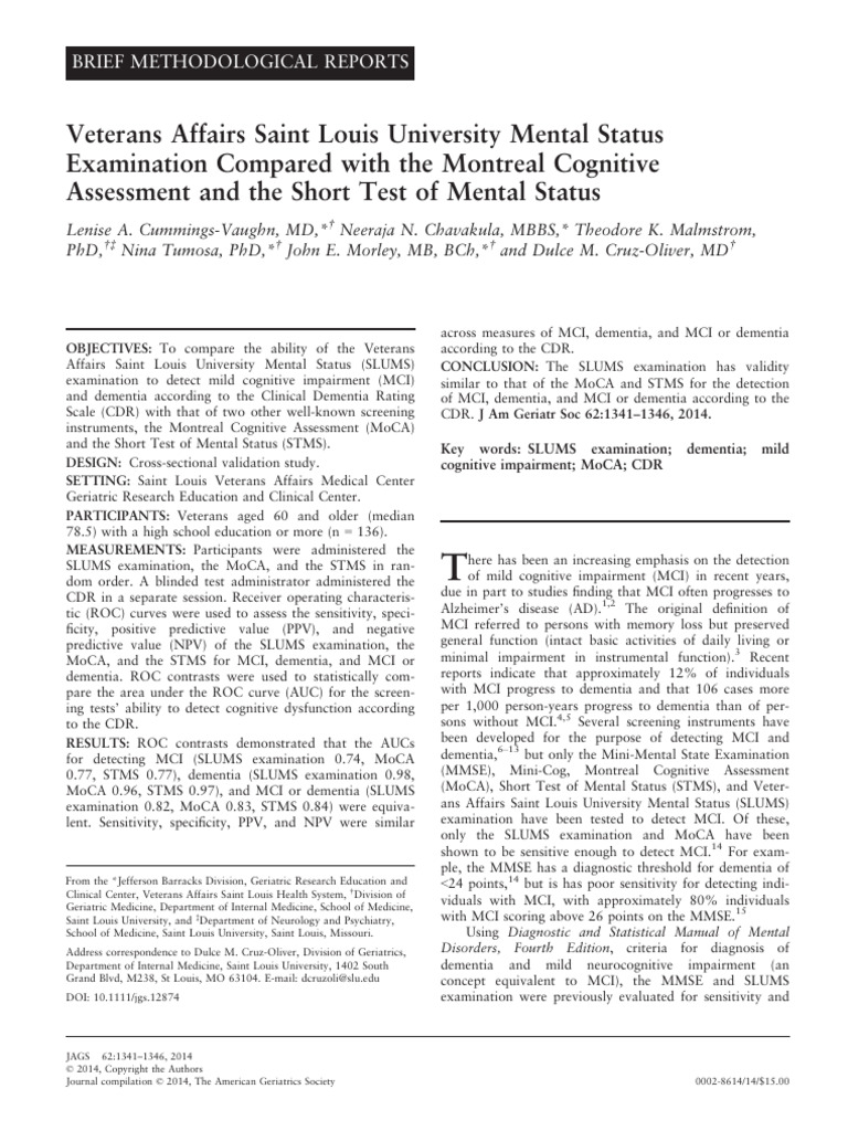 Cummings-Vaughn2014 Jurnal SLUMS | PDF | Dementia | Receiver Operating ...