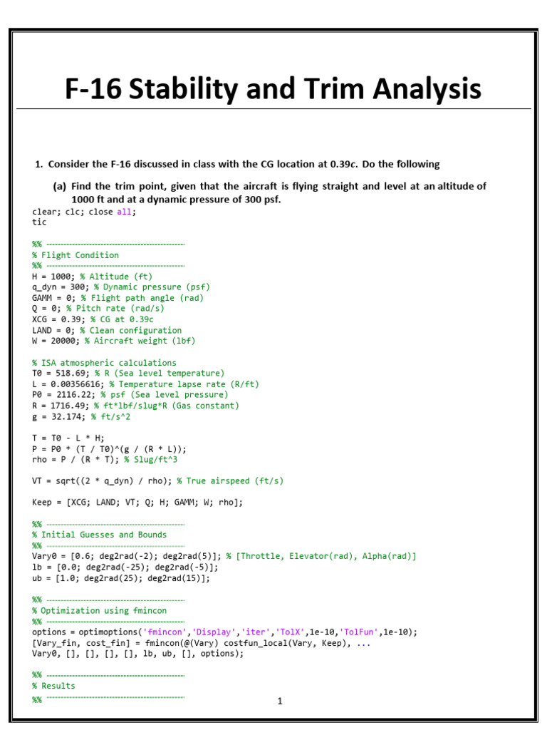 F-16 Stability & Trim Analysis On MATLAB | PDF | Mechanics