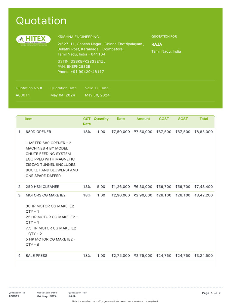 Quotation A00011 Krishna Engineering Raja | PDF
