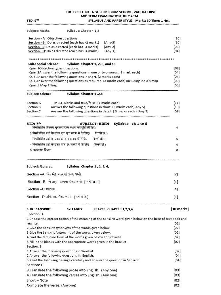 STD 9 Mid Term Paper Style Final - 2024 | PDF