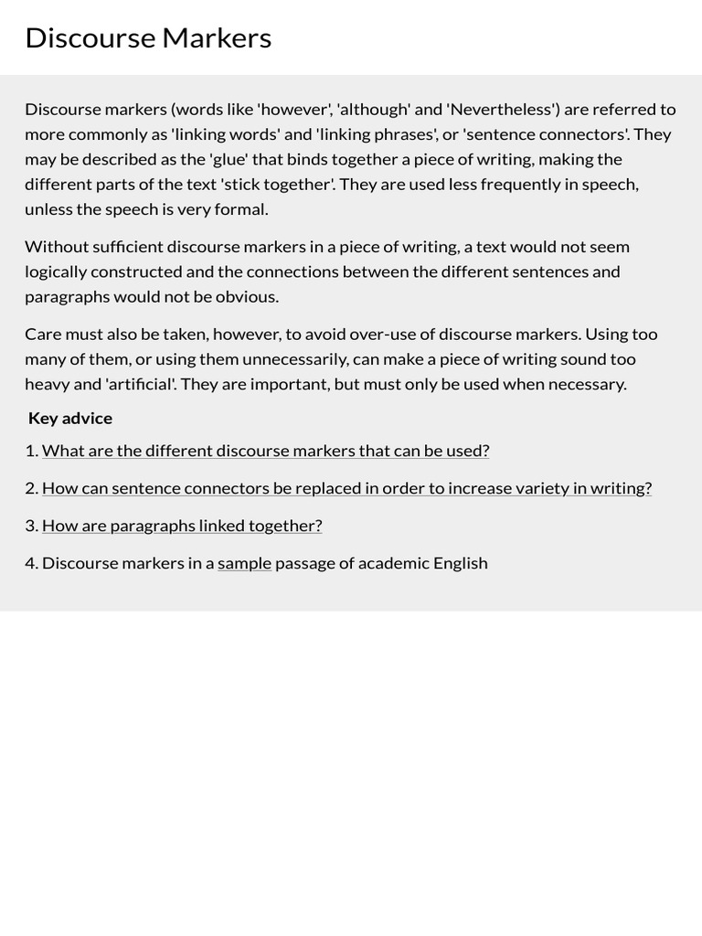 Discourse Markers | PDF | Sentence (Linguistics) | Clause