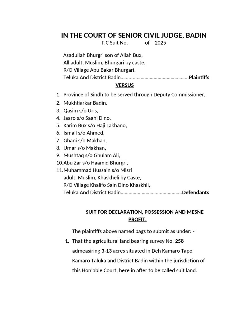 Asad Bhurgari Vs Pos & Others Suit For Declaration, Specific Performance of Contract and ...