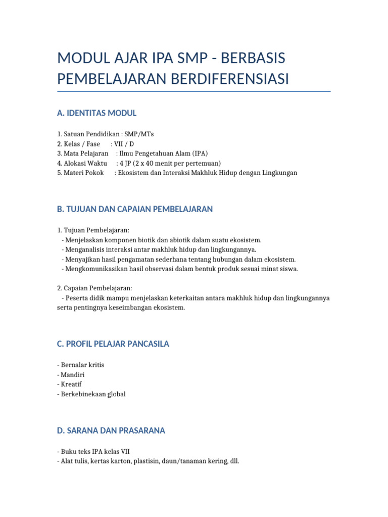 Modul Ajar IPA Berdiferensiasi Kelas 7 | PDF