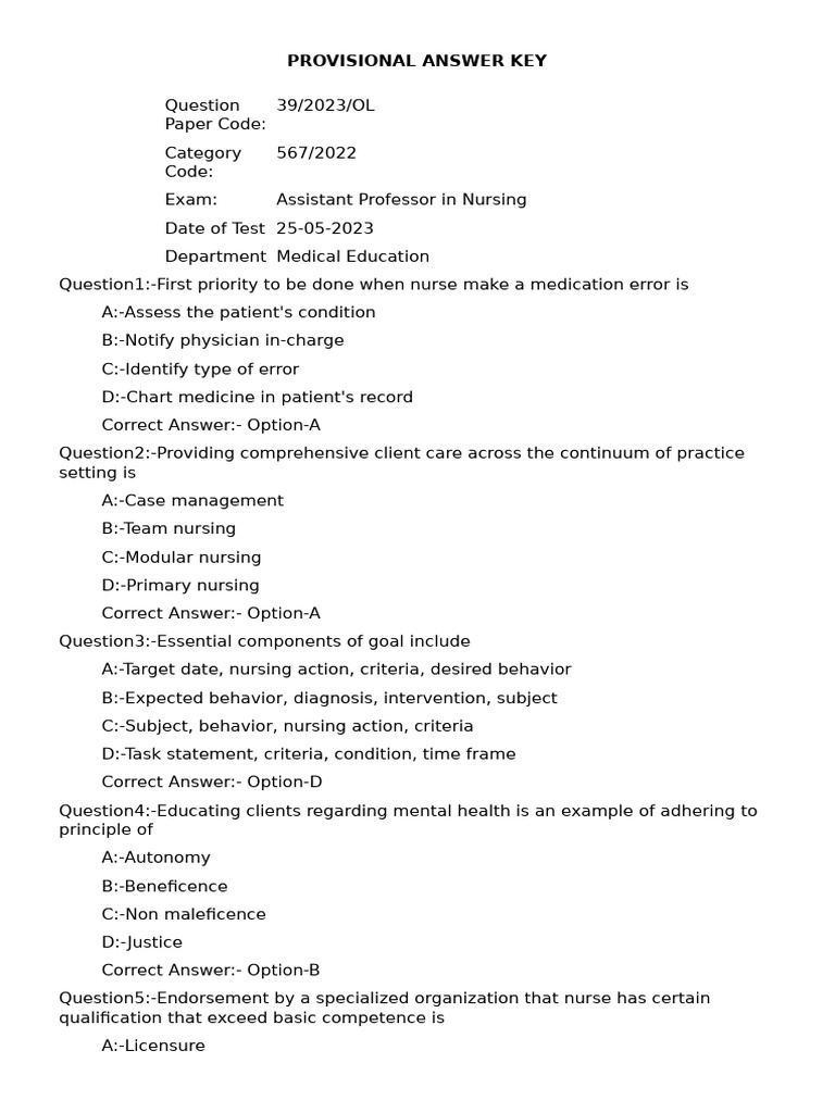Provisional Answer Key Asst Professor Nursing | PDF | Nursing | Medical ...