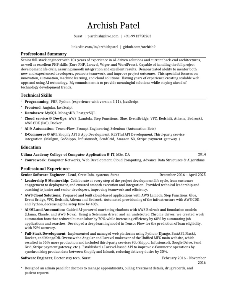 Archish Patel Senior Software Enginner Lead 10 Year Experience 1 | PDF | Cloud Computing ...