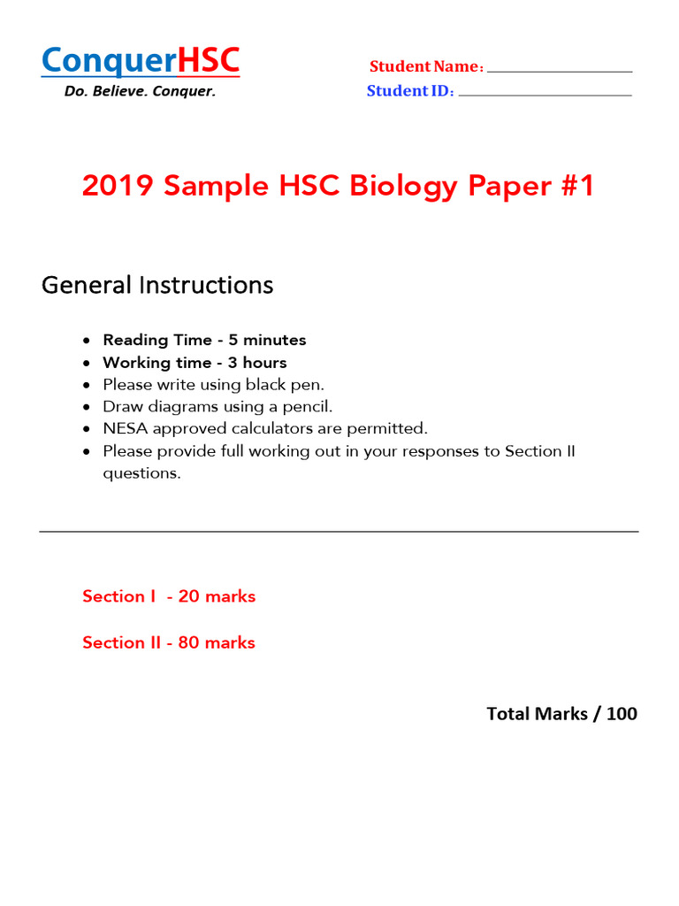 2019 HSC Biology Sample Paper #1 | PDF | Dominance (Genetics) | Mutation