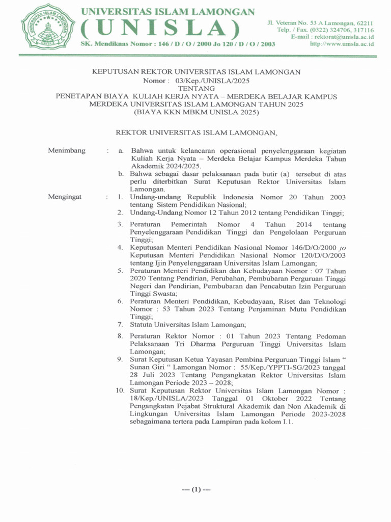 3.SK Penetapan Biaya KKN MBKM Unisla 2025 | PDF