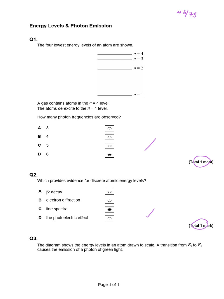 Energy Levels & Photon Emission PDF | PDF | Electron | Emission Spectrum