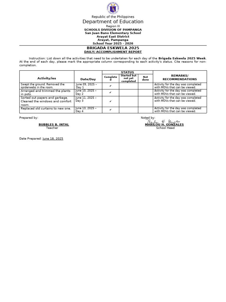 Accomplishment Report Brigada BUBBLES B. INTAL | PDF