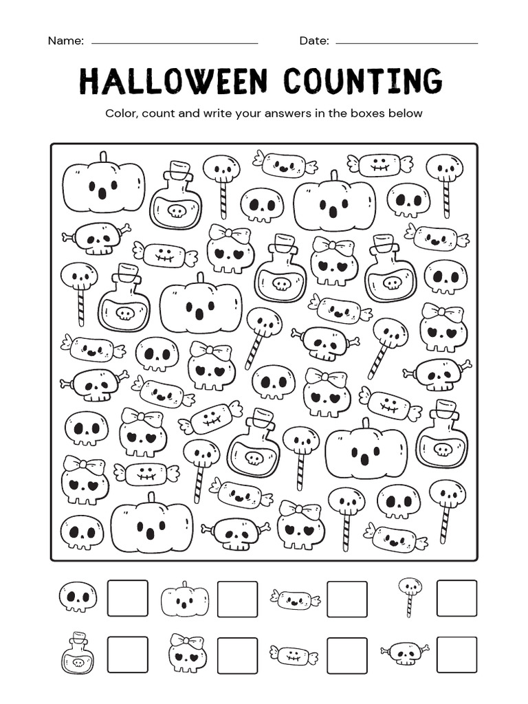 Halloween Counting Math Worksheet in Monochromatic Playful Style | PDF