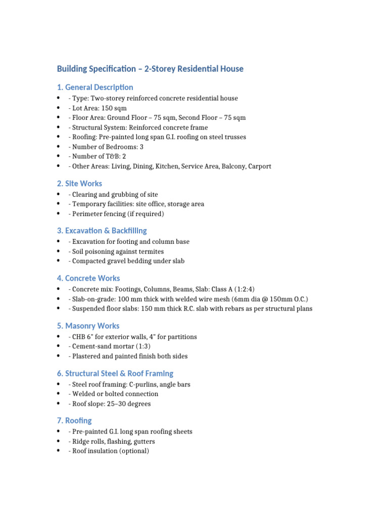 Building Specification 2 Storey House | PDF | Framing (Construction) | Concrete