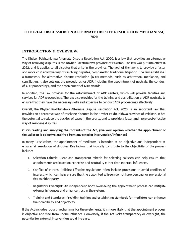 TD Alternate Dispute Resolution Act 2020 KP | PDF | Alternative Dispute Resolution | Mediation