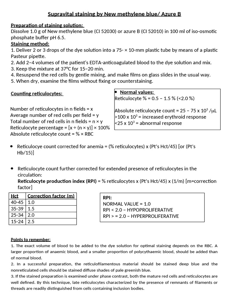 Supravital Staining by New Methylene Blue-DACIE | PDF | Staining | Red ...