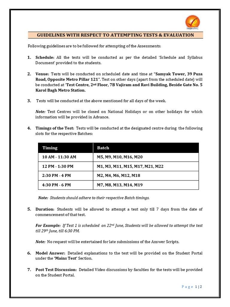 MSP 2025-26 Student Guidelines For Attempting Tests | PDF