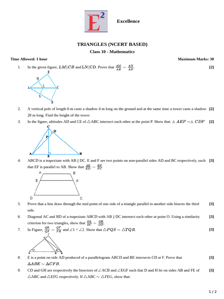 10th Triangles Triangles (Ncert Based) | PDF | Euclidean Geometry ...