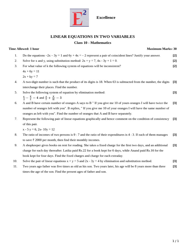 10th Linear Equations in Two Variables QP | PDF | Equations | System Of ...