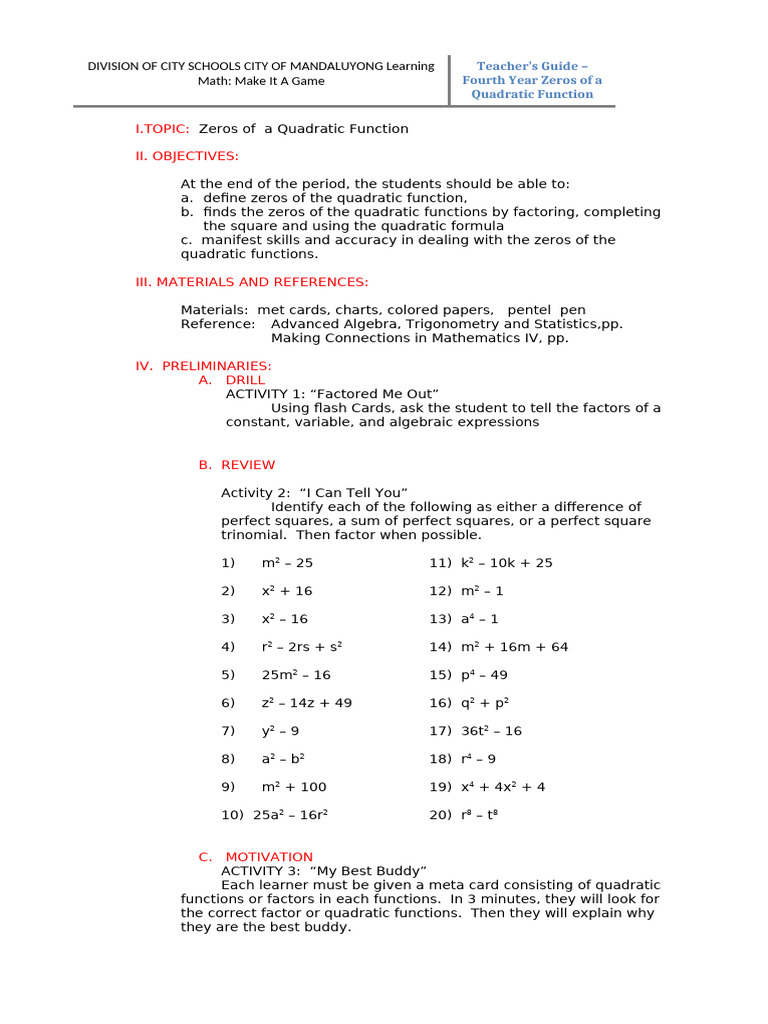 Zeros of Quadratic Functions Guide | PDF | Quadratic Equation | Algebra