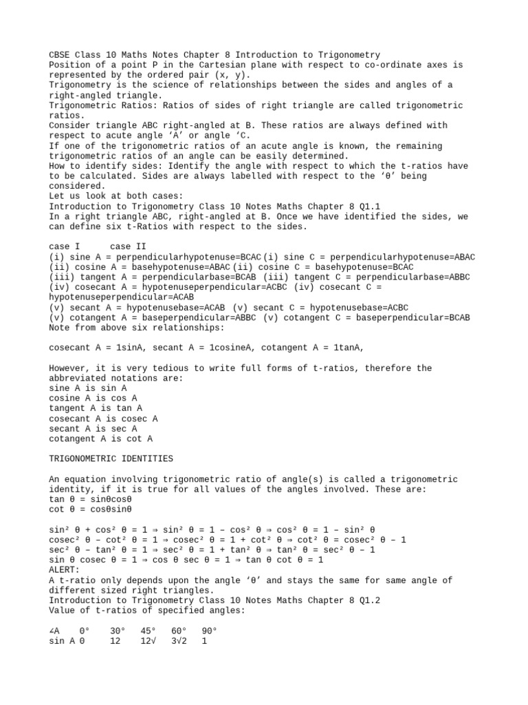 Class 10 Trigonometry Notes | PDF | Trigonometric Functions | Trigonometry