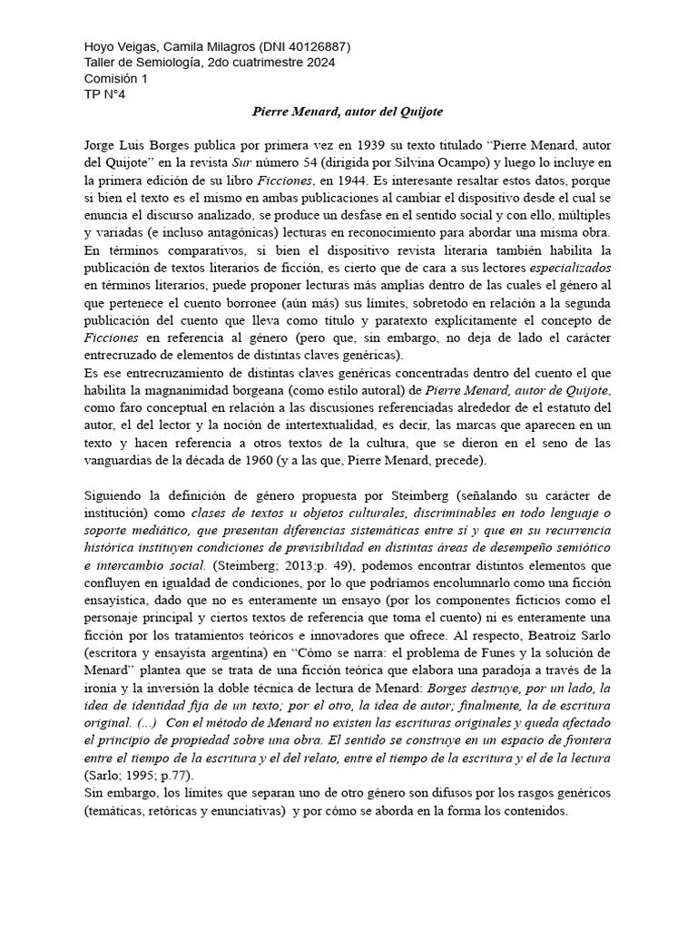 Análisis Semiótico Pierre Menard de Borges | PDF | Ensayos | Autor