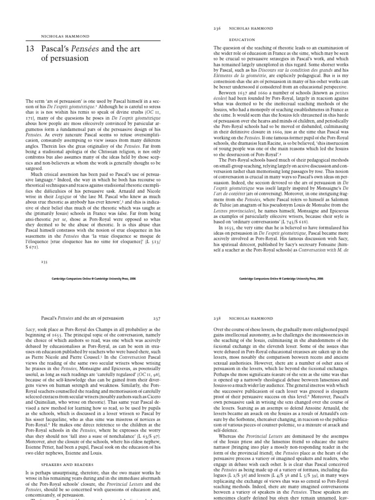 Hammond, Nicholas. Pascals Pensees and The Art of Persuasion. | PDF | Reason | Truth
