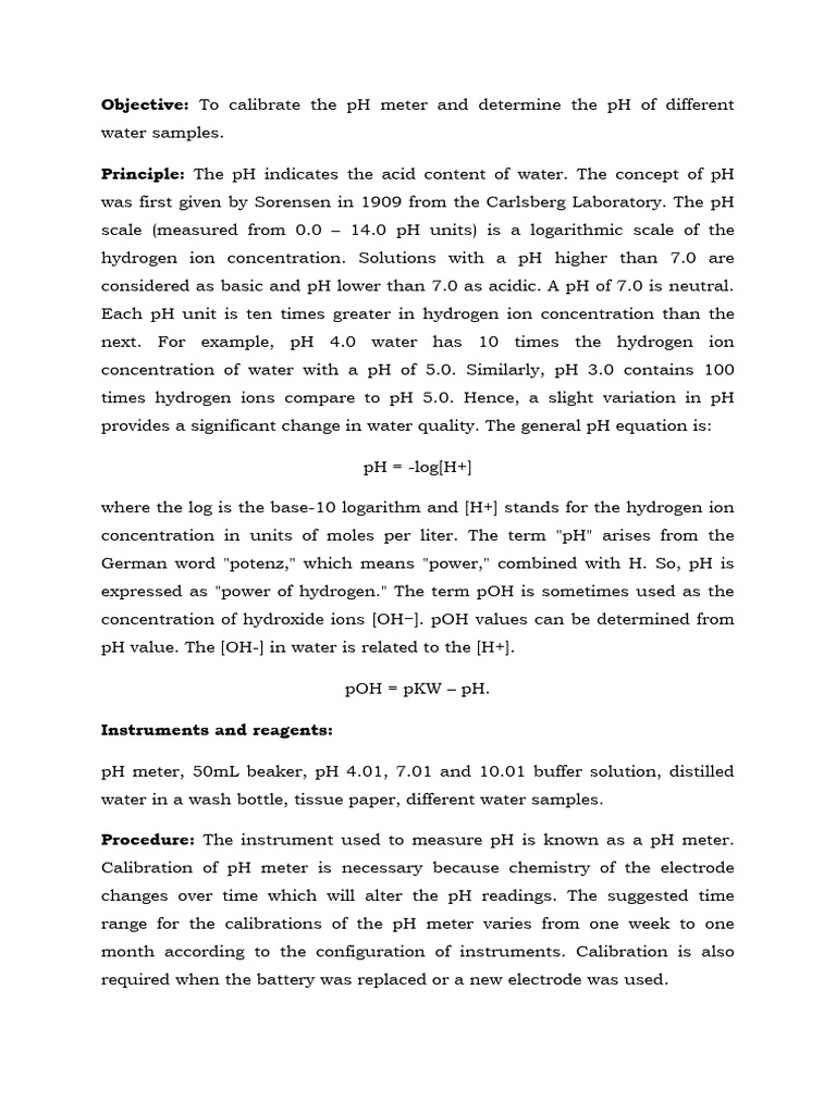 To Calibrate The PH Meter and Determine The PH of Different Water ...