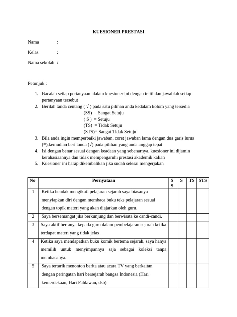 Kuesioner Prestasi | PDF