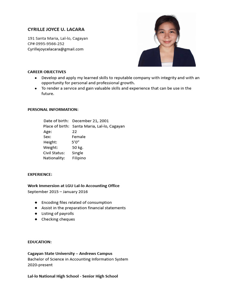 Lacara Cyrille Joyce U. Resume | PDF