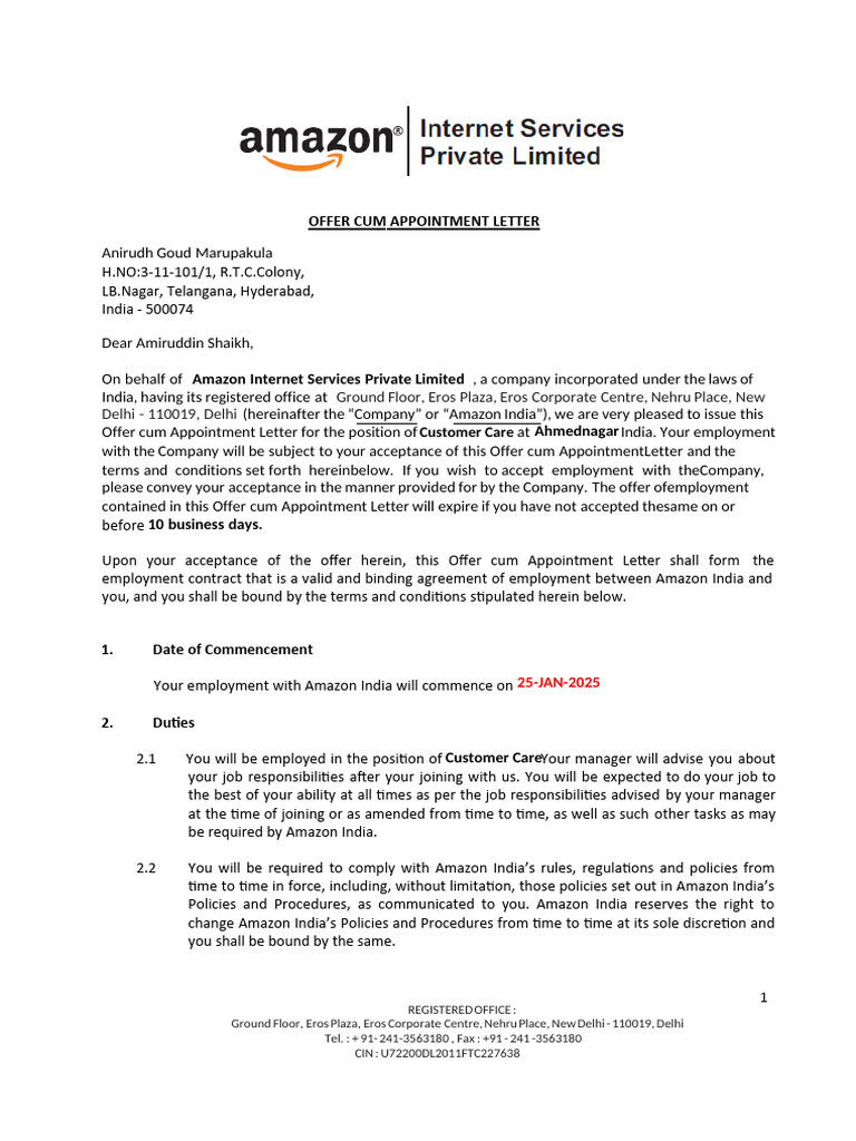 Amazon Offer Letter for 2025 Employment | PDF | Legal Remedy | Injunction