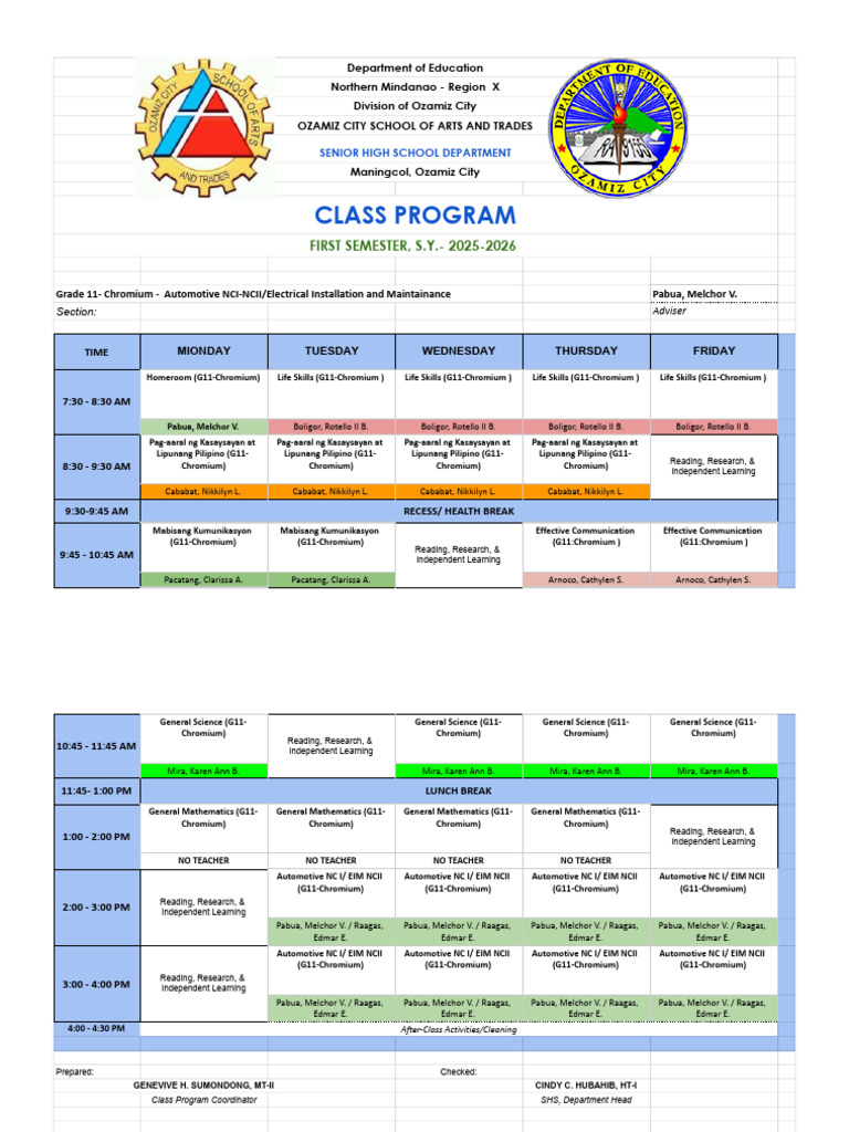 Final Grade 11 Class Program Grade 11 Chromium Potassium | PDF
