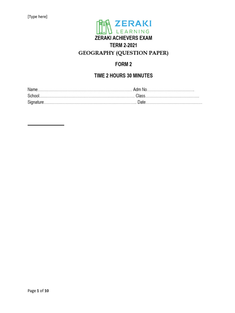 Geography Form 2-Zeraki Achievers 4.0 - Question Paper | PDF | Map ...