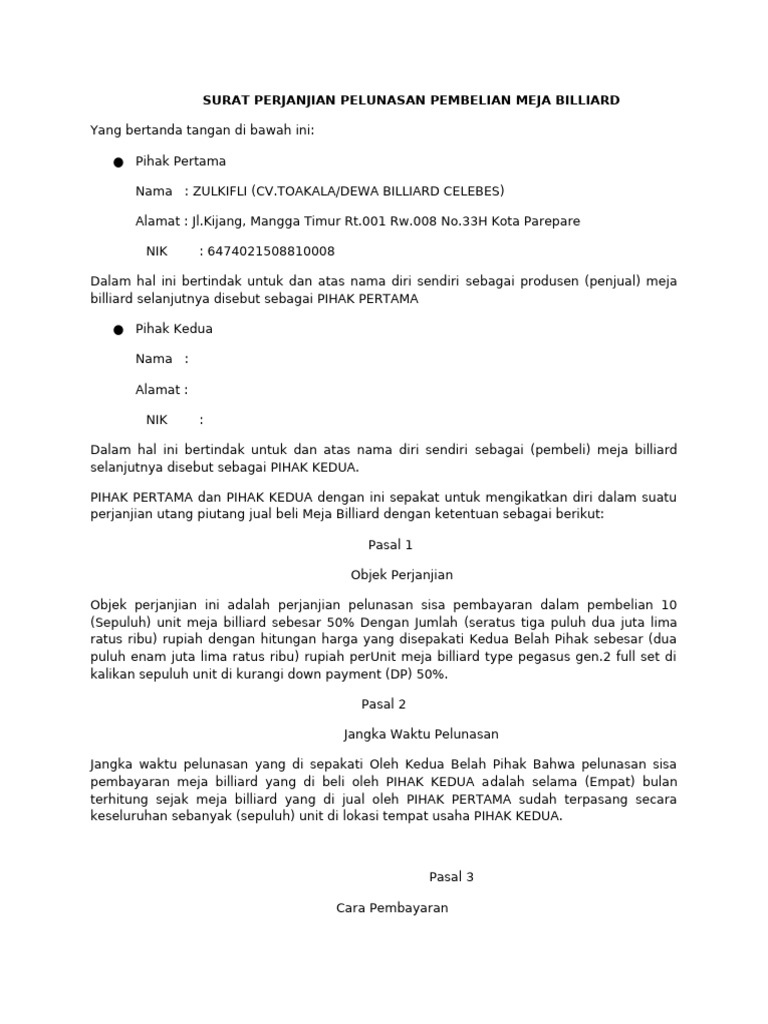 Surat Perjanjian Pelunasan Meja Billiard | PDF