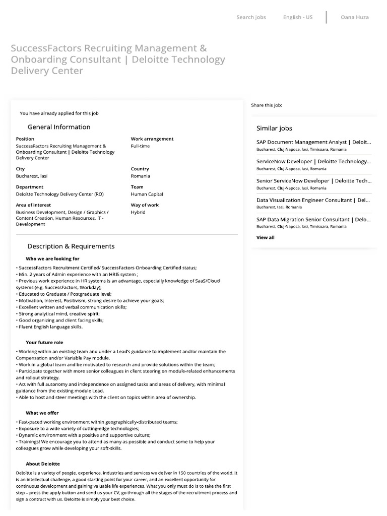 SuccessFactors Recruiting Management Onboarding Consultant Deloitte ...