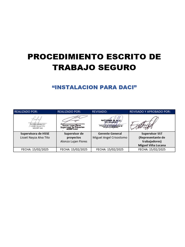 PSJ - Pets-Sst-005 Procedimiento de Instalacion para Daci - Mcorp | PDF | Seguridad y salud ...