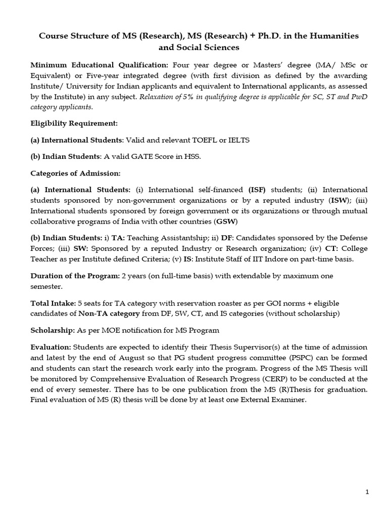Annexure IV - Course Structure of MS (Research) - In-HSS | PDF | Master Of Science | Thesis