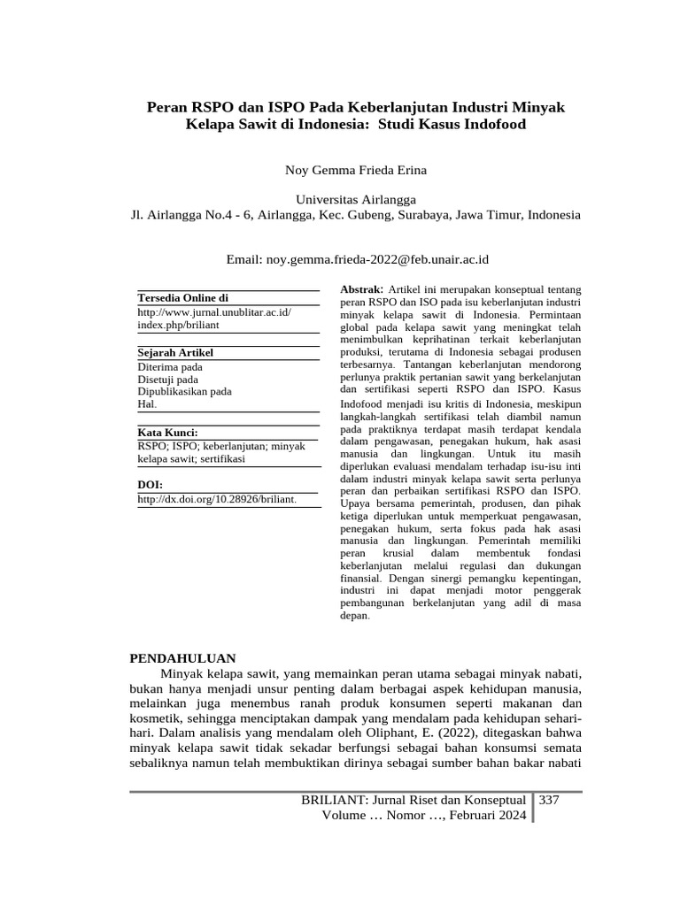 Peran RSPO Dan ISPO Pada Keberlanjutan Industri Minyak Kelapa Sawit Di Indonesia: Studi Kasus ...