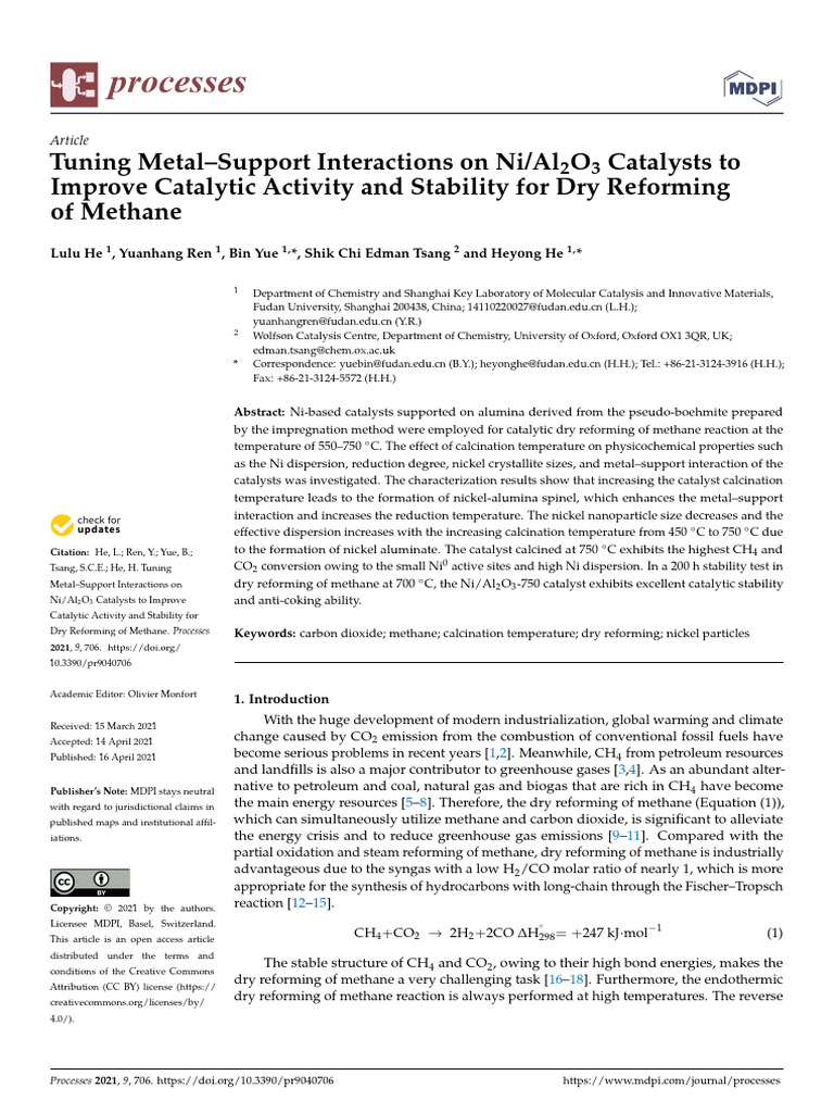 Processes 09 00706 v3 | PDF | Catalysis | Methane