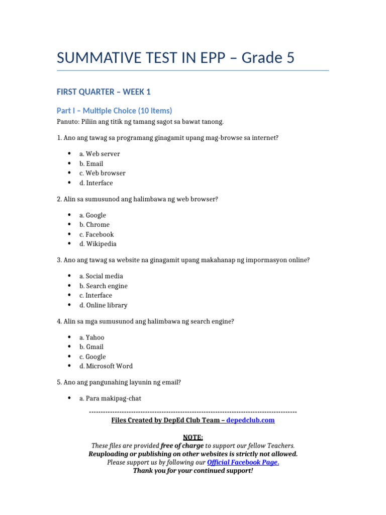 Summ - Test (Epp) 5 q1 w1 | PDF