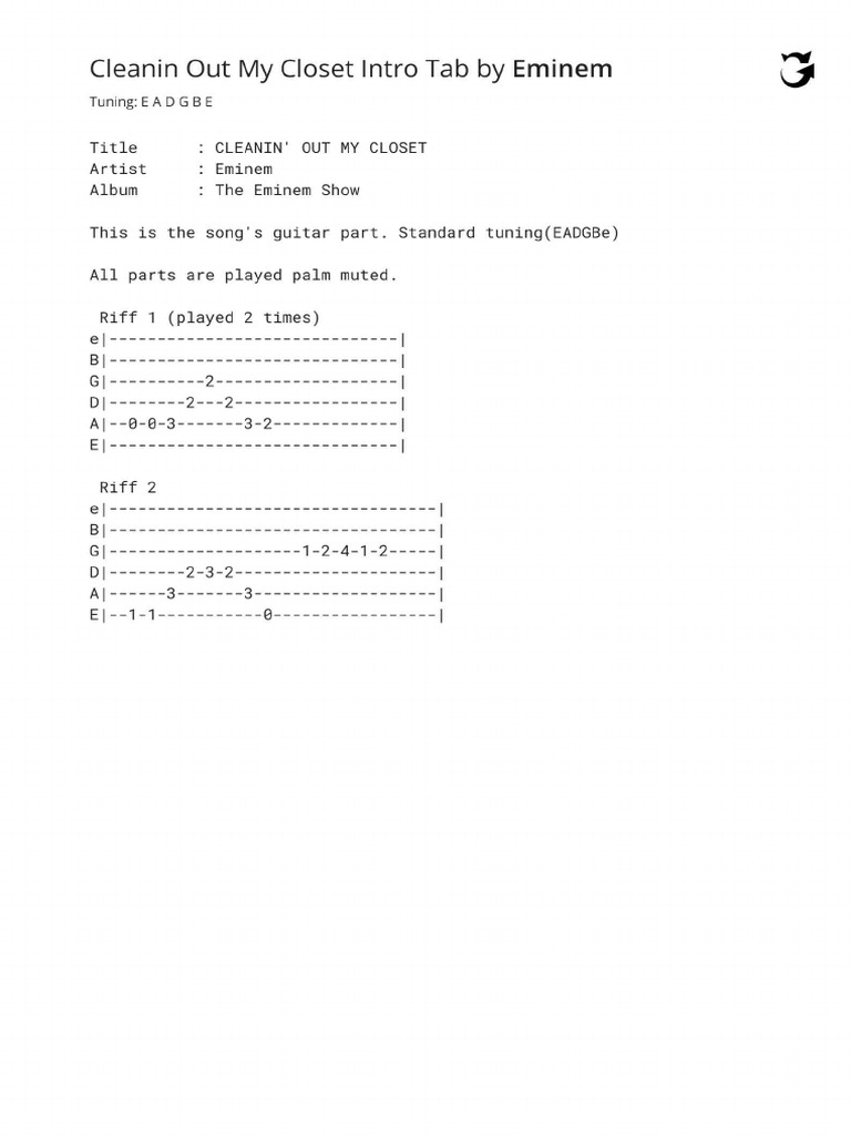 Cleanin Out My Closet Intro Tab | PDF