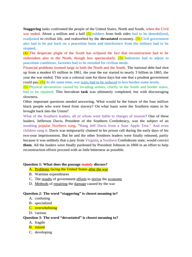 Reading Comprehension Practice Test | PDF | Reconstruction Era ...