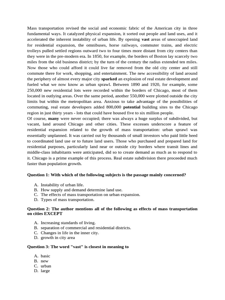Reading Comprehension Practice Test | PDF | Urban Sprawl | Transport