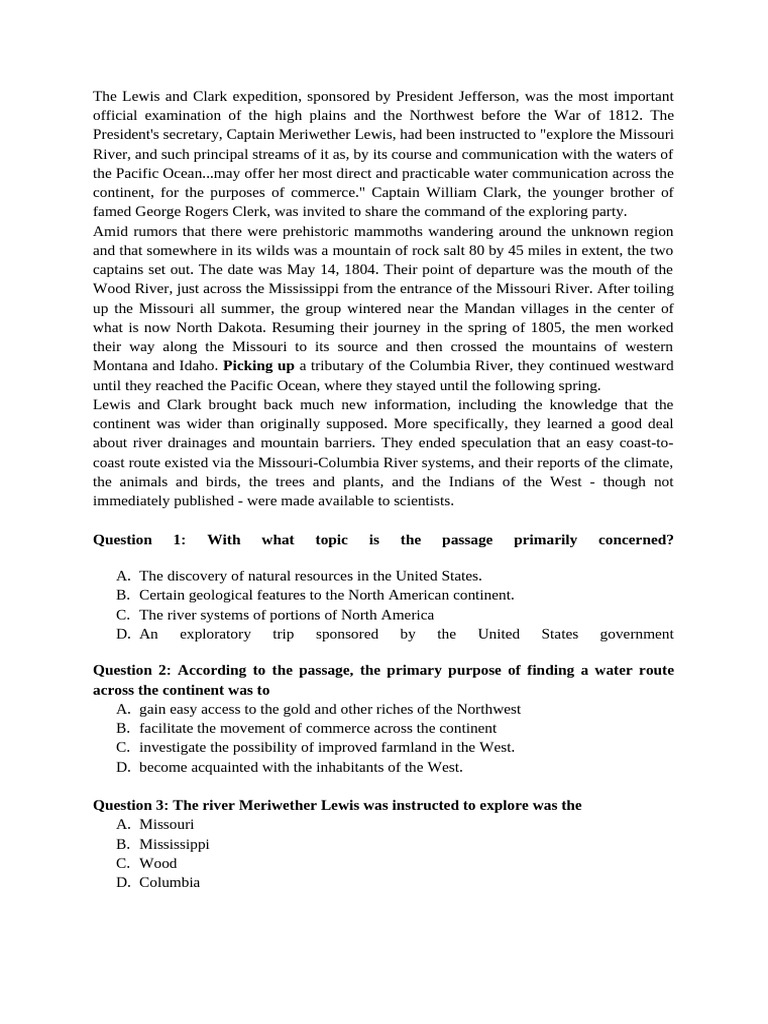 Reading Comprehension Practice Test | PDF | Lewis And Clark Expedition ...