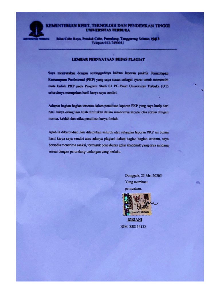 Lembar Pernyataan Bebas Plagiat | PDF