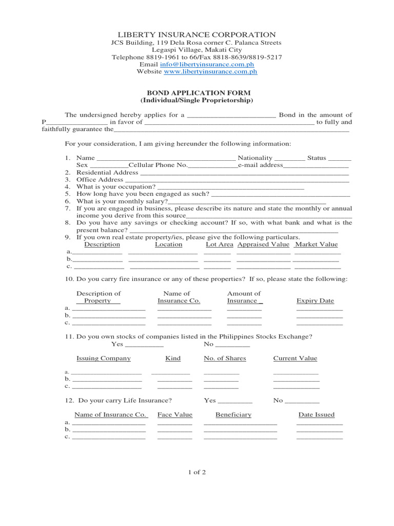 Bond Application Form Single Prop - New (Updated) | PDF | Insurance ...