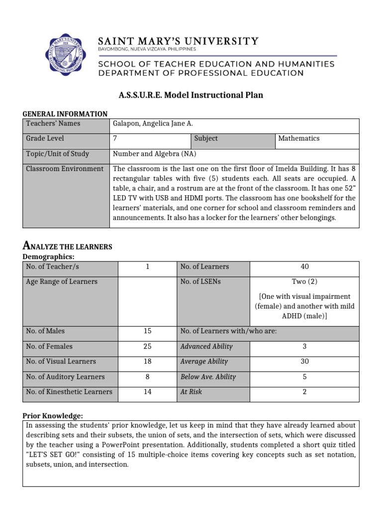 A.S.S.U.R.E. Model Instructional Plan | PDF | Learning | Teachers