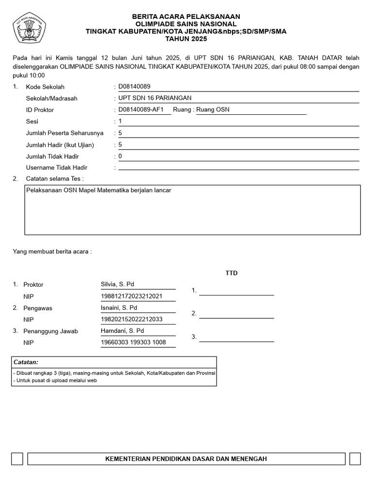Berita Acara OSN MTK | PDF