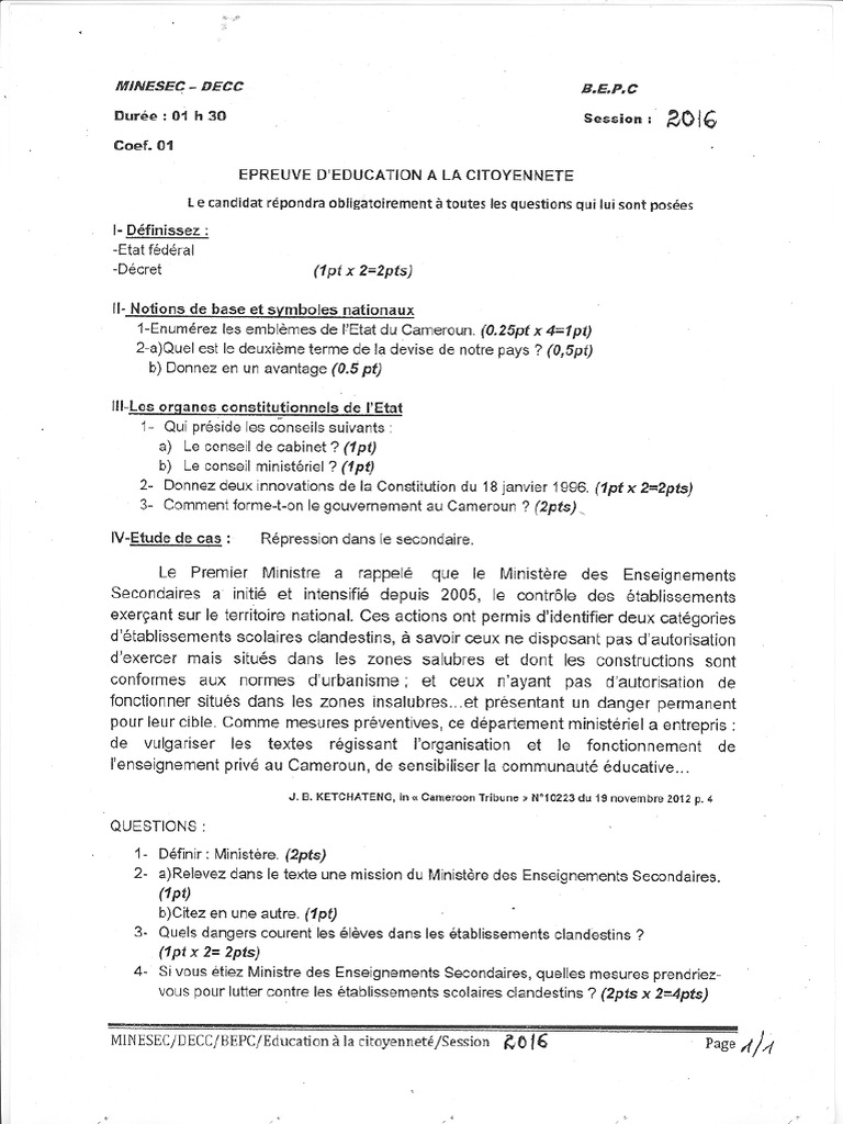 Orniformation Bepc 2016 Epreuve Education Civique (Ecm) | PDF
