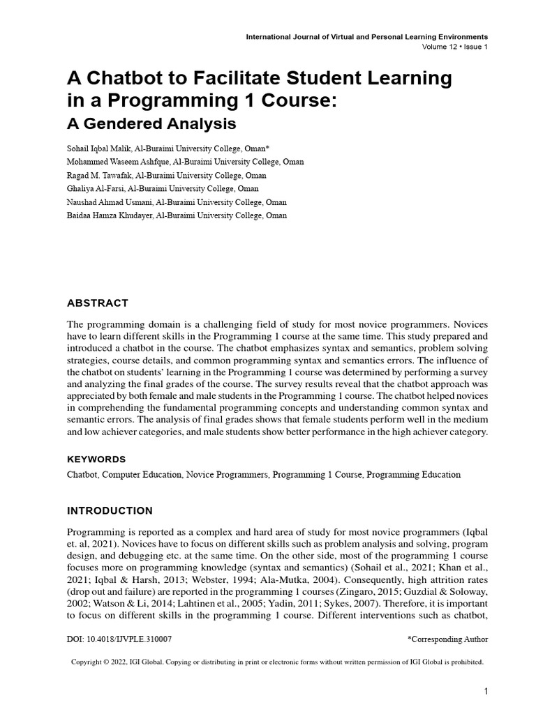 A Chatbot To Facilitate Student Learning in A Prog | PDF | Computer ...