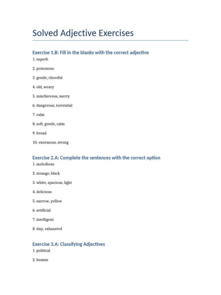 Solved Adjective Exercises | PDF