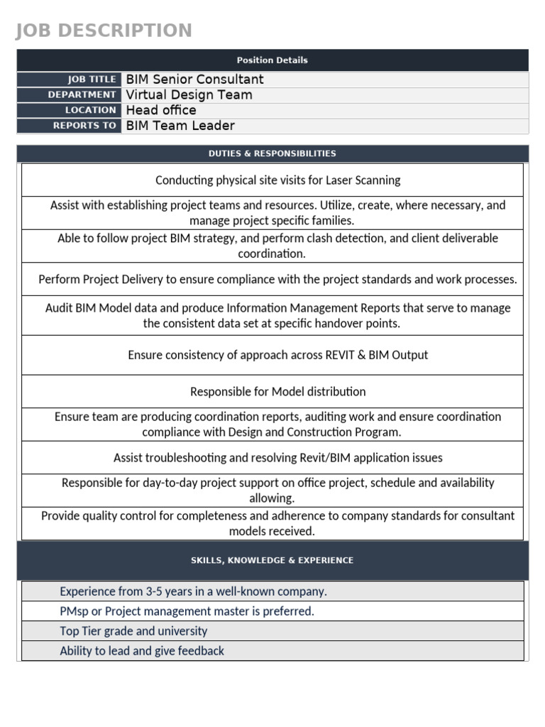 JD - BIM Senior Consultant | PDF
