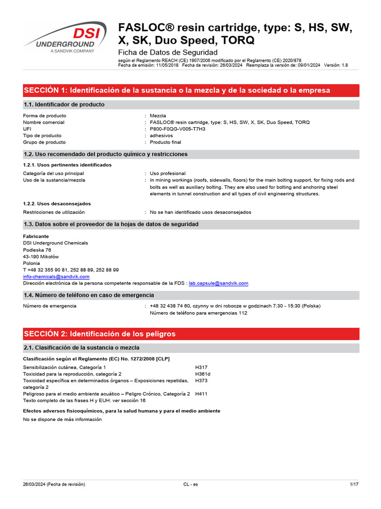 Ficha de Seguridad FASLOC® Resina | PDF | Agua | Pascal (Unidad)